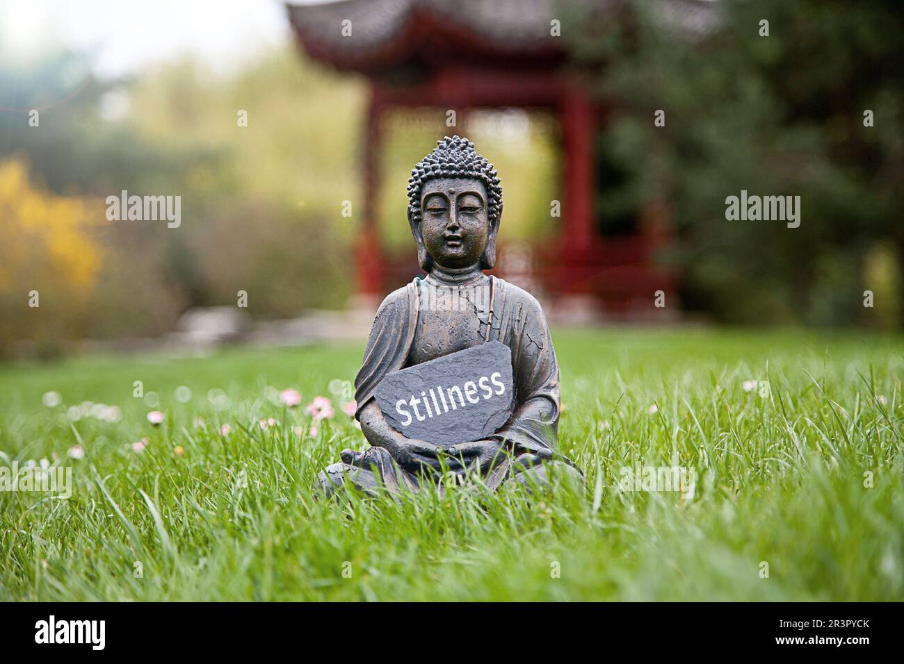 Buddha statue sitting on a meadow with a sign lettering Stillness Stock ...