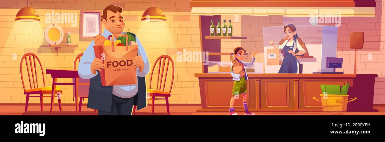 Cartoon grocery shop with people. Vector illustration of man with bag ...