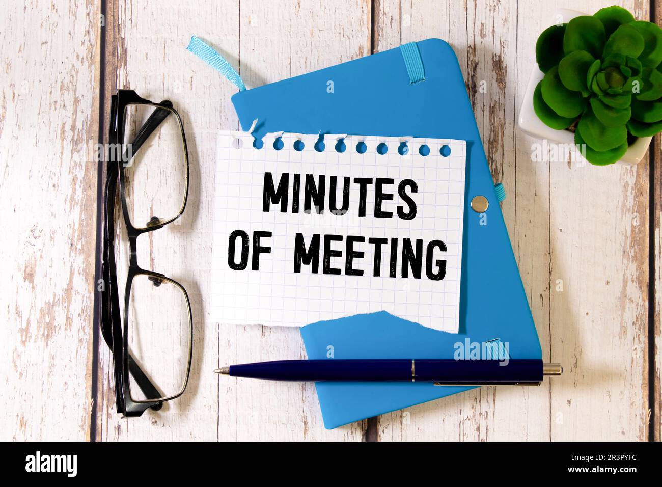 Paper plate with text MINUTES OF THE MEETING. Diagram, notepad and blue ...