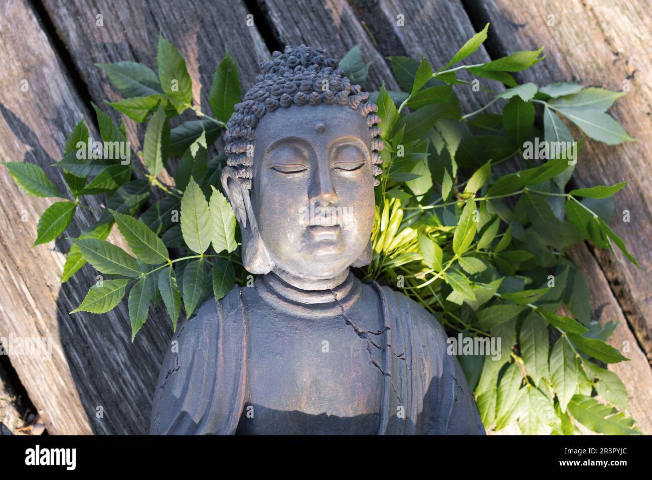 Buddha statue lying on leaves on a catwalk Stock Photo - Alamy