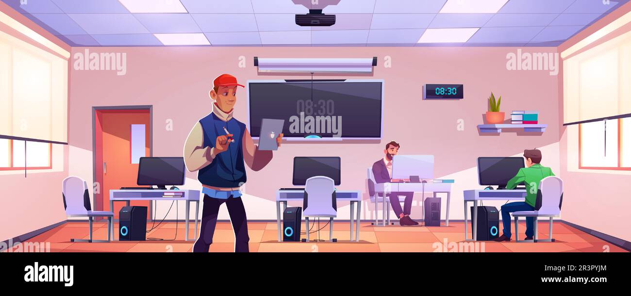 School computer education class room with teacher and student vector ...