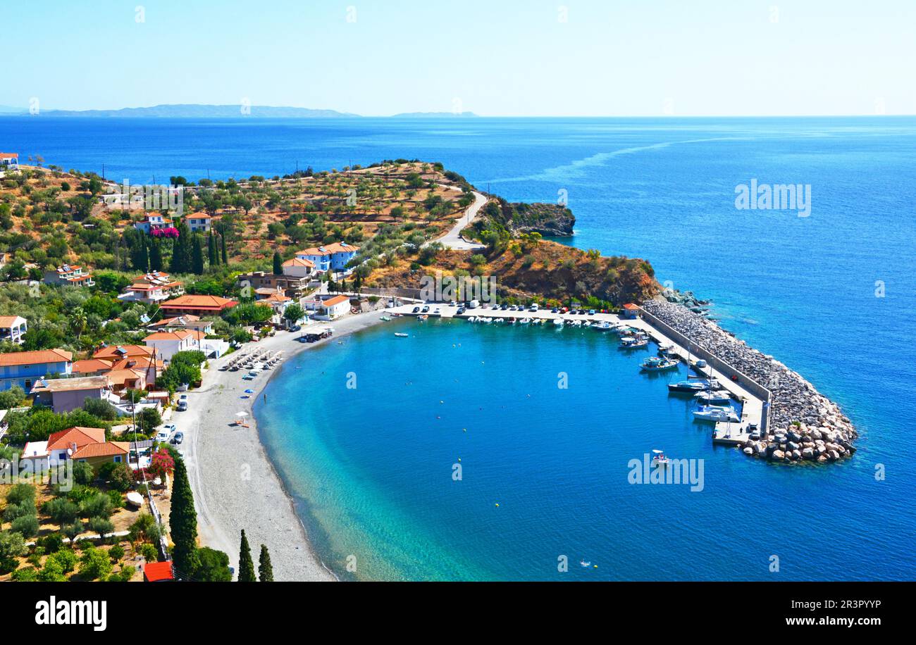 harbour and beach of Astros on the east coast, Greece, Peloponnese ...