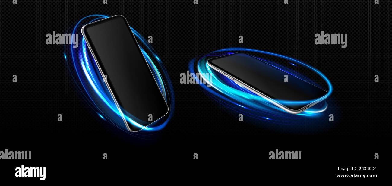 Realistic set of 3D smartphones with neon light effect isolated on ...