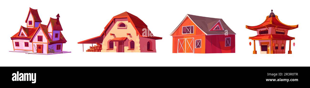 Set of old European and Asian buildings isolated on white background ...