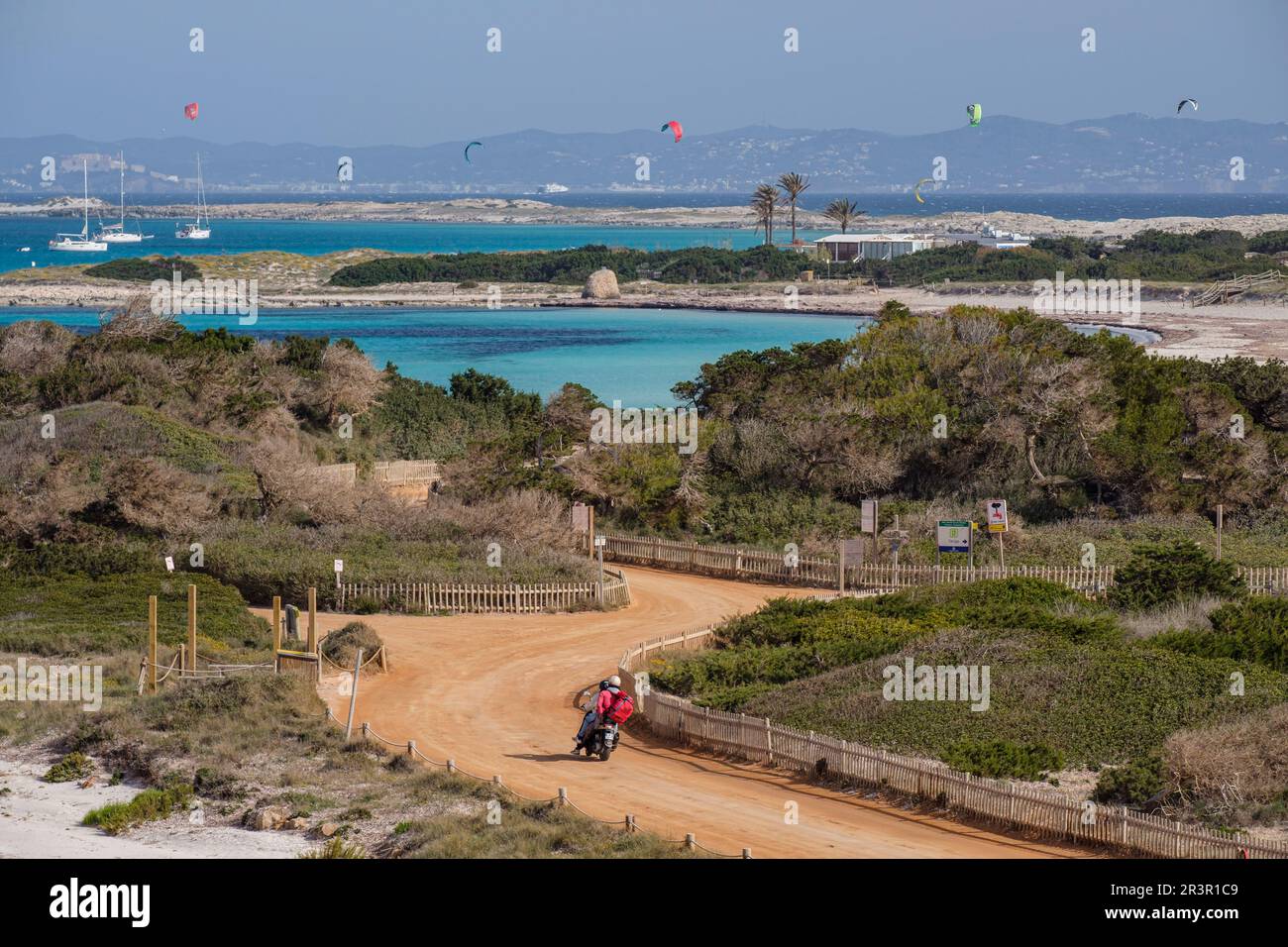 tourist cycle on Illetes Path, Formentera, Pitiusas Islands, Balearic ...