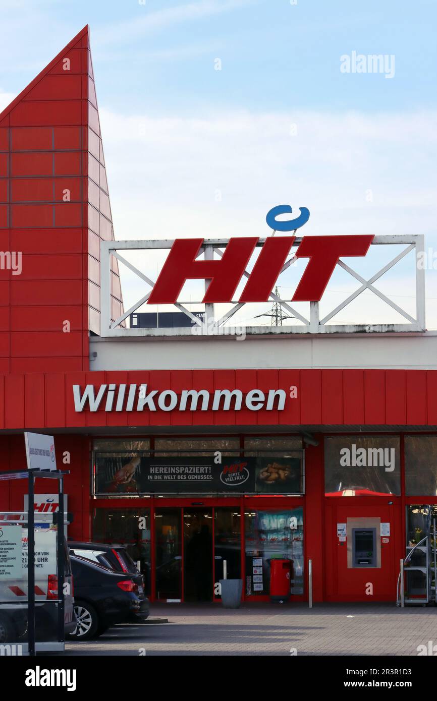 Advertising banner of the Euskirchen branch of HIT Handelsgruppe, a ...