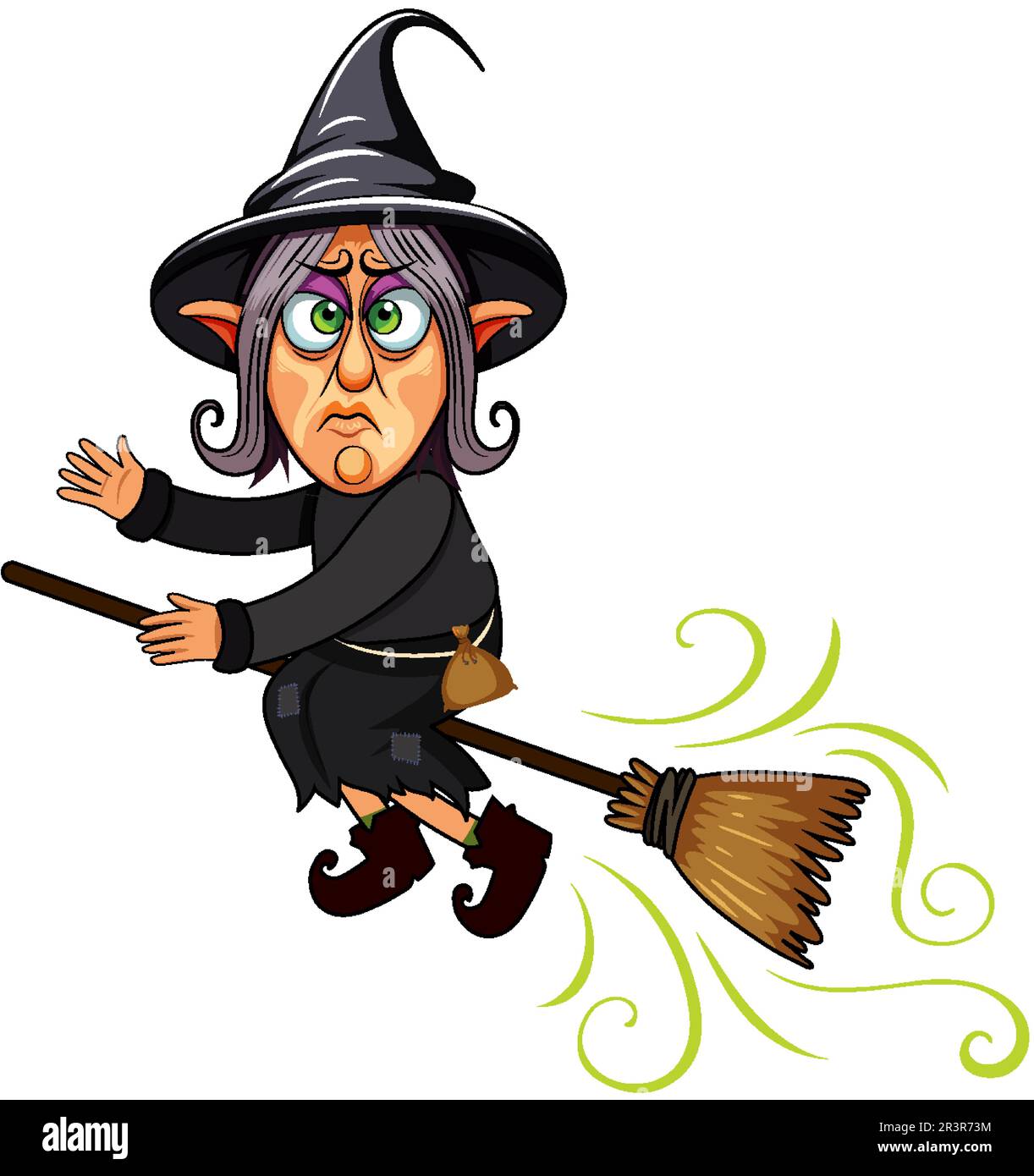 A grumpy witch cartoon character riding broom illustration Stock Vector ...