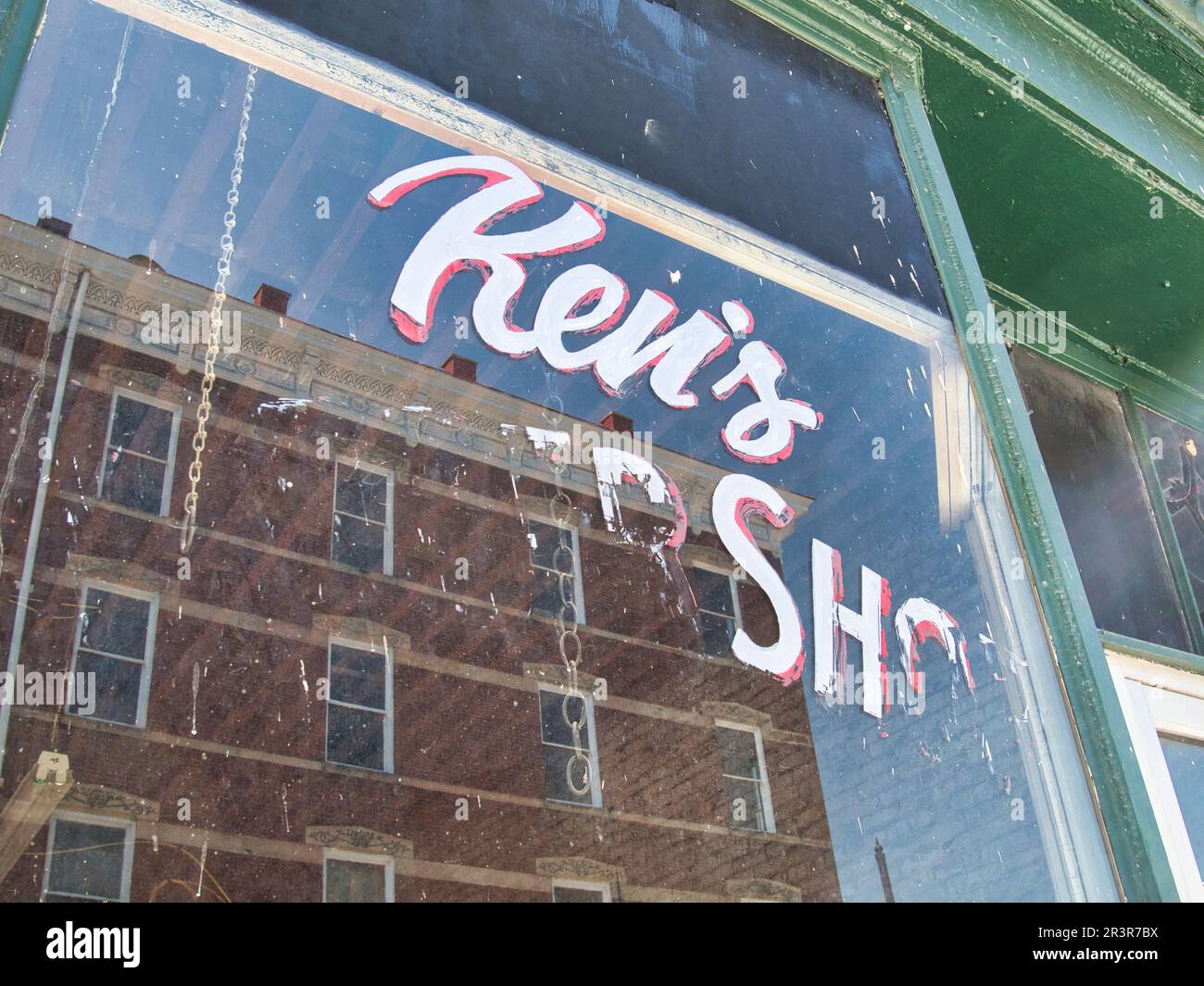 " Kens Shop" vintage repair shop sign in window Stock Photo - Alamy