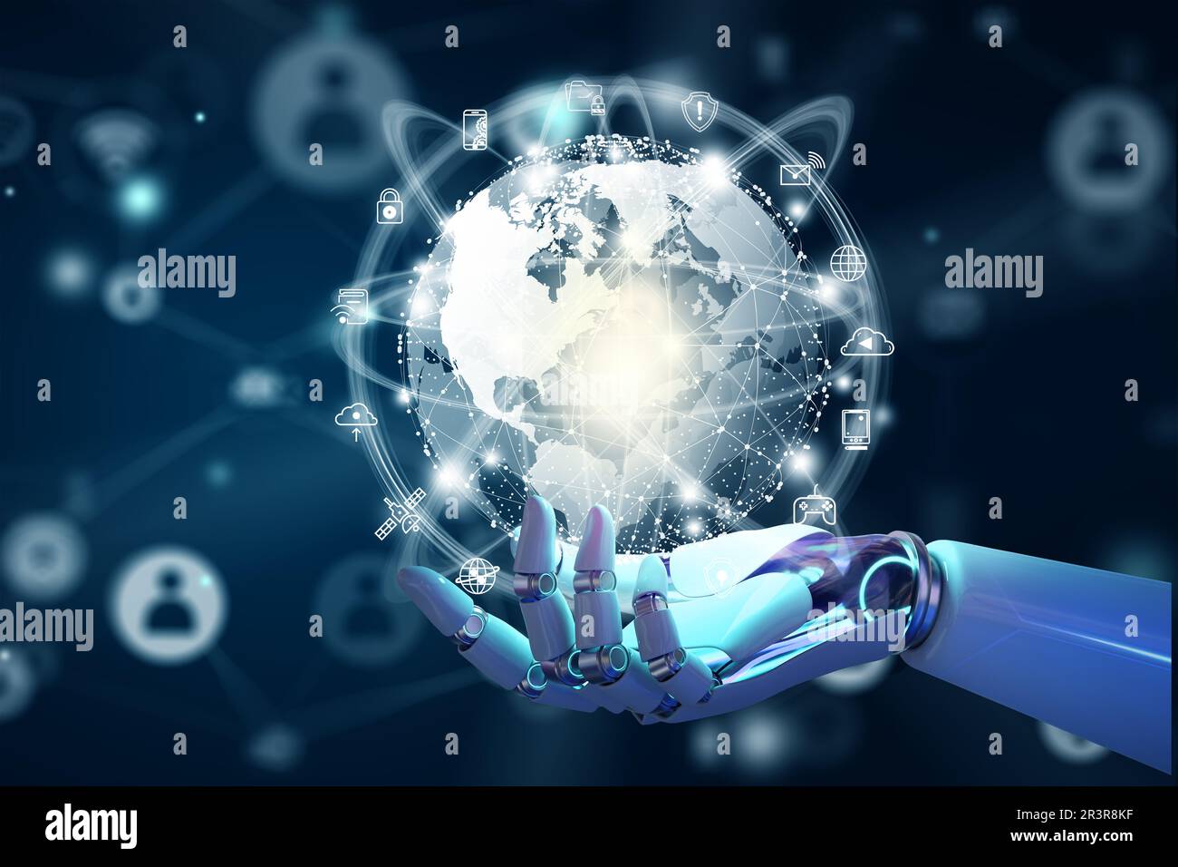 The Future global business connection with Artificial intelligence concept. Robot hand holding ...