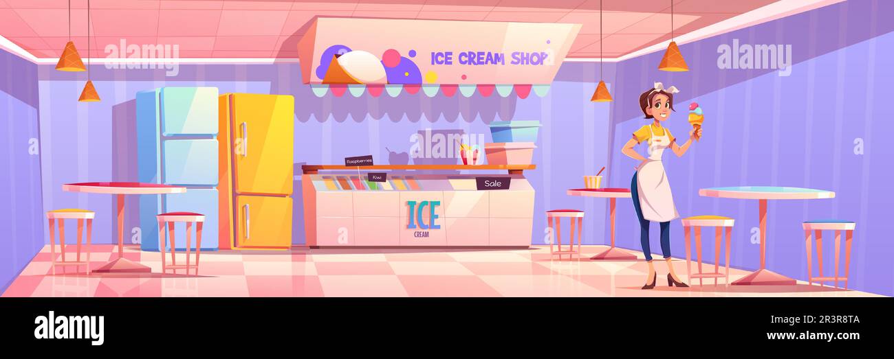 Saleswoman in ice cream shop or parlor. Girl seller holding icecream ...