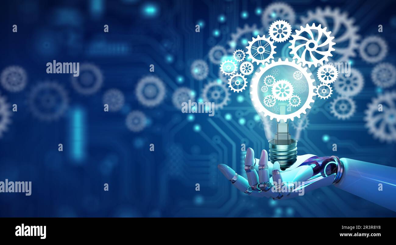 Ai Robot Hand holding Creative light bulb with cog inside. Innovation ...