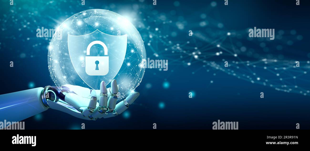AI Robot Hand holding Shield with Padlock icon and Network wireframe ...