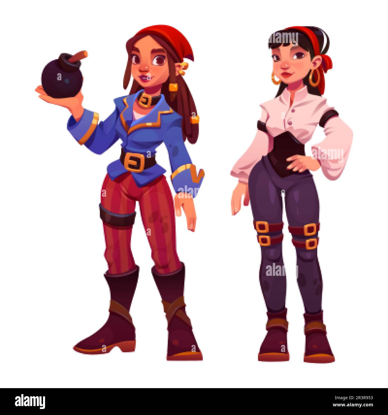 Corsair woman cartoon character set. Vector pirate girl captain halloween costume. Female teen ...