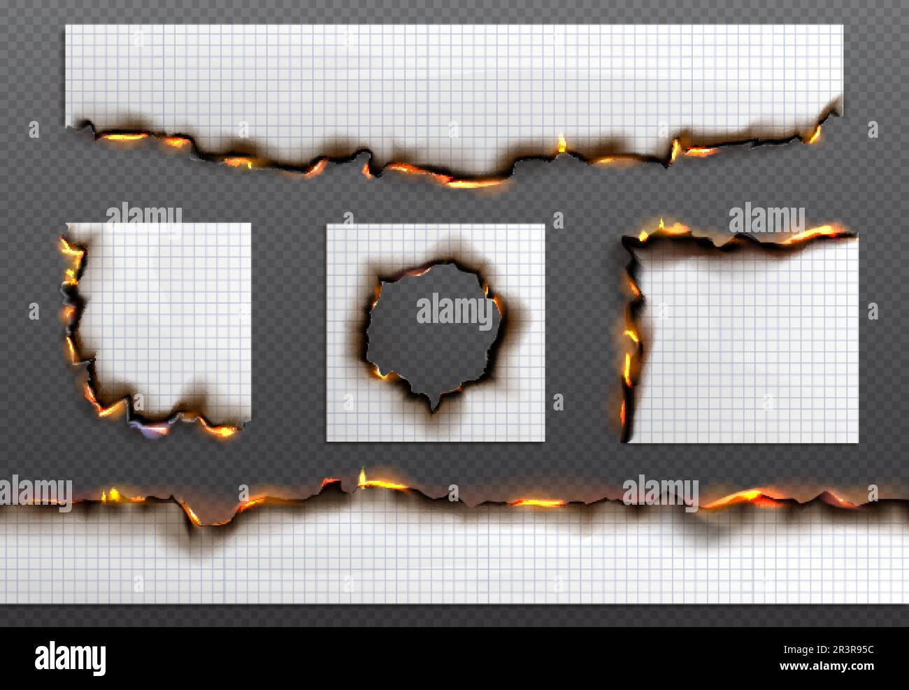 Realistic burnt paper edge with grid vector set. Burn effect with fire ...