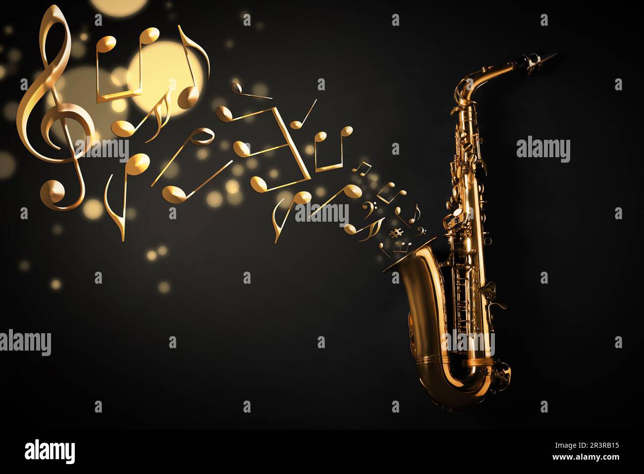 Music notes and other musical symbols flowing from saxophone on black ...