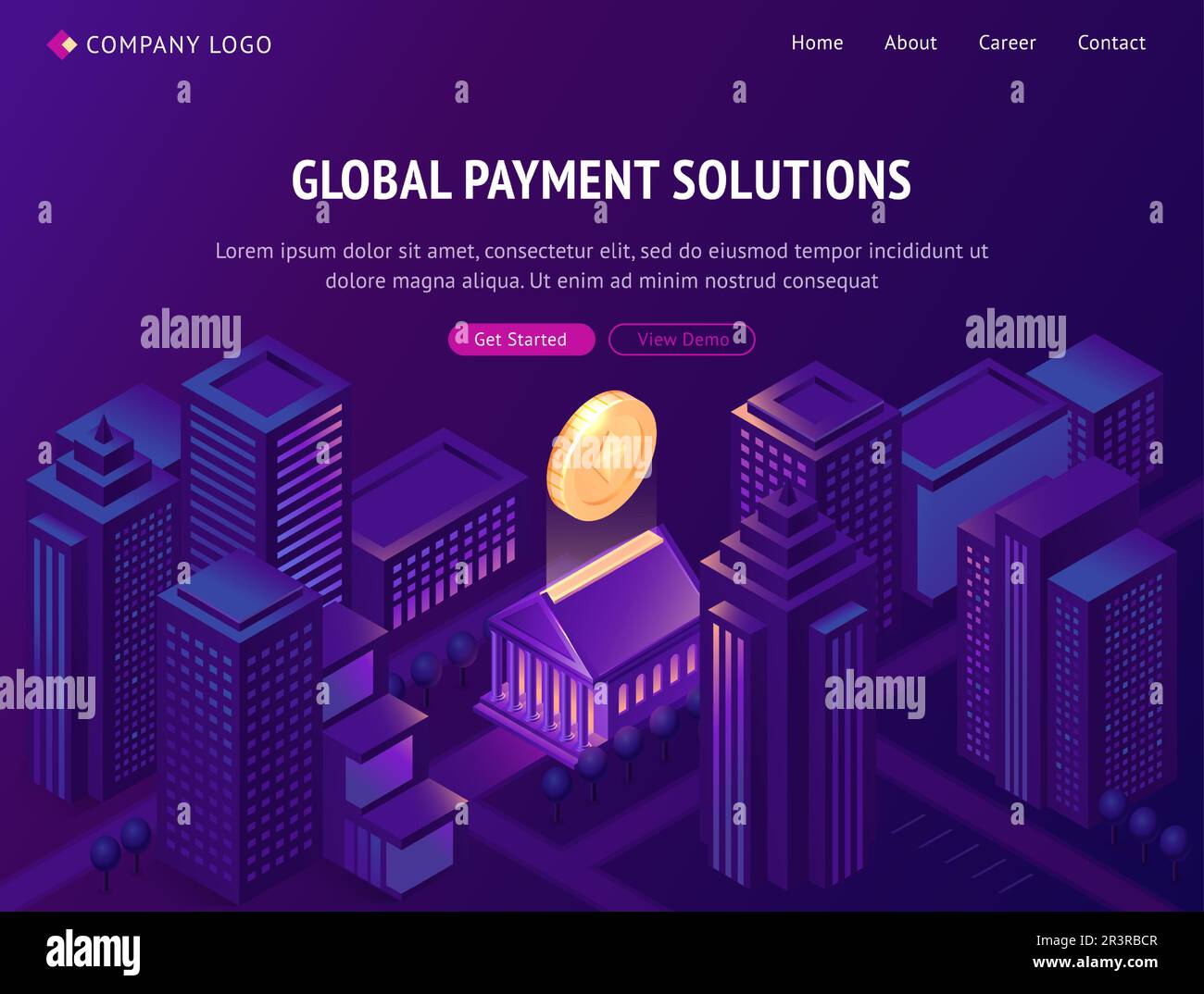 Global payment solutions isometric landing page. Cryptocurrency business, huge etherium hang ...