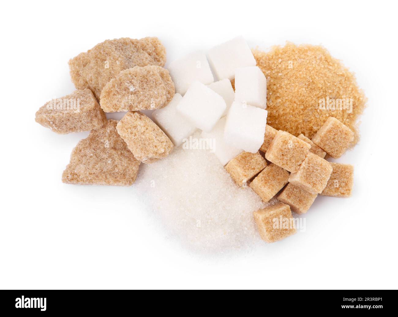 Different types of sugar on white background, top view Stock Photo - Alamy