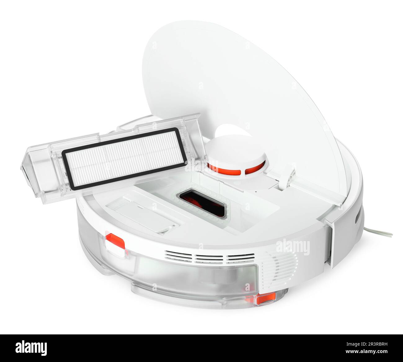 Open robotic vacuum cleaner with garbage container isolated on white ...