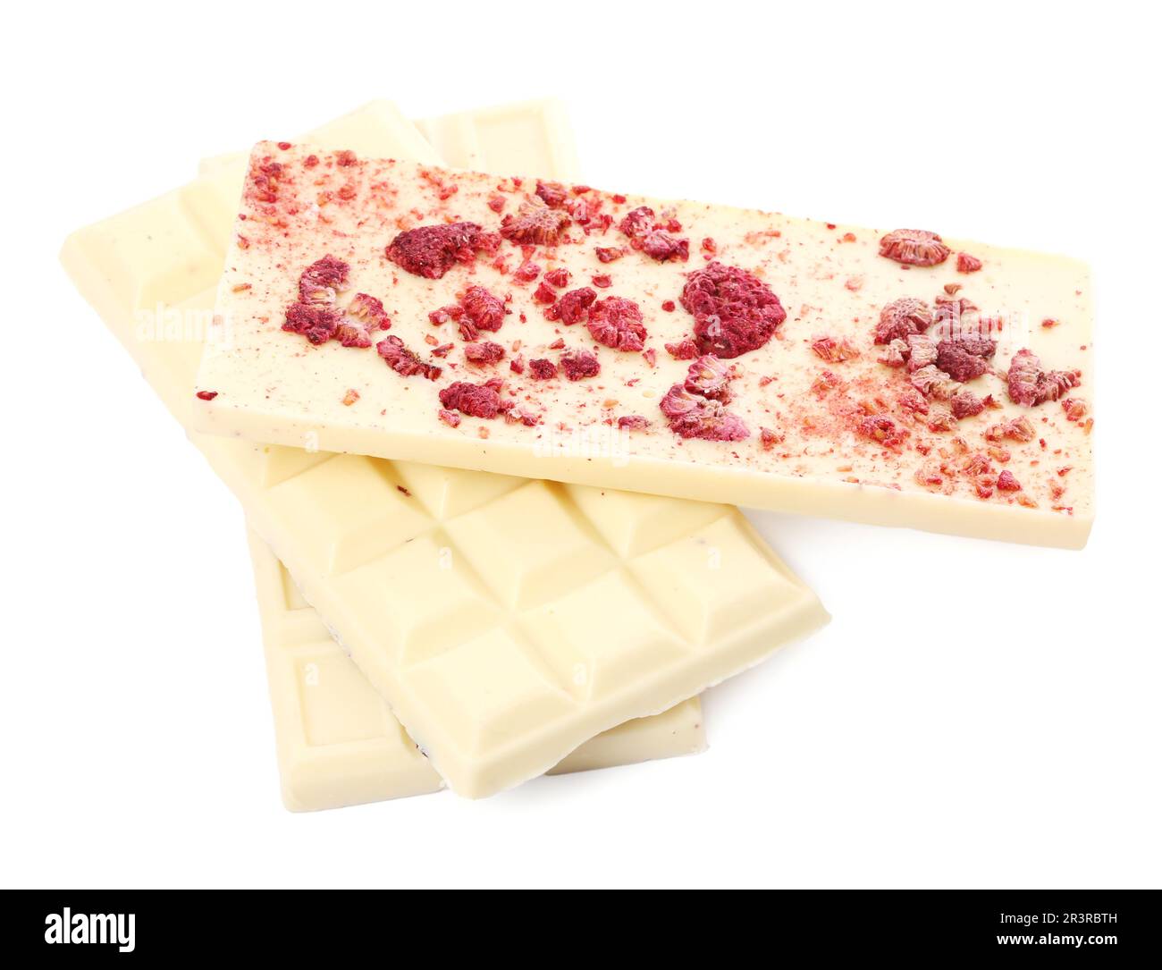 Chocolate bars with freeze dried raspberries on white background Stock ...
