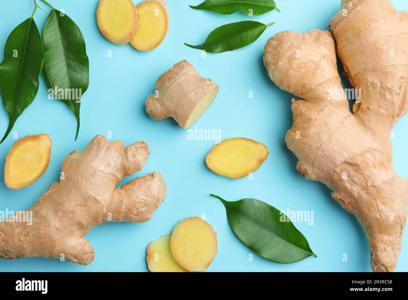 Fresh ginger with green leaves on pale light blue background, flat lay ...