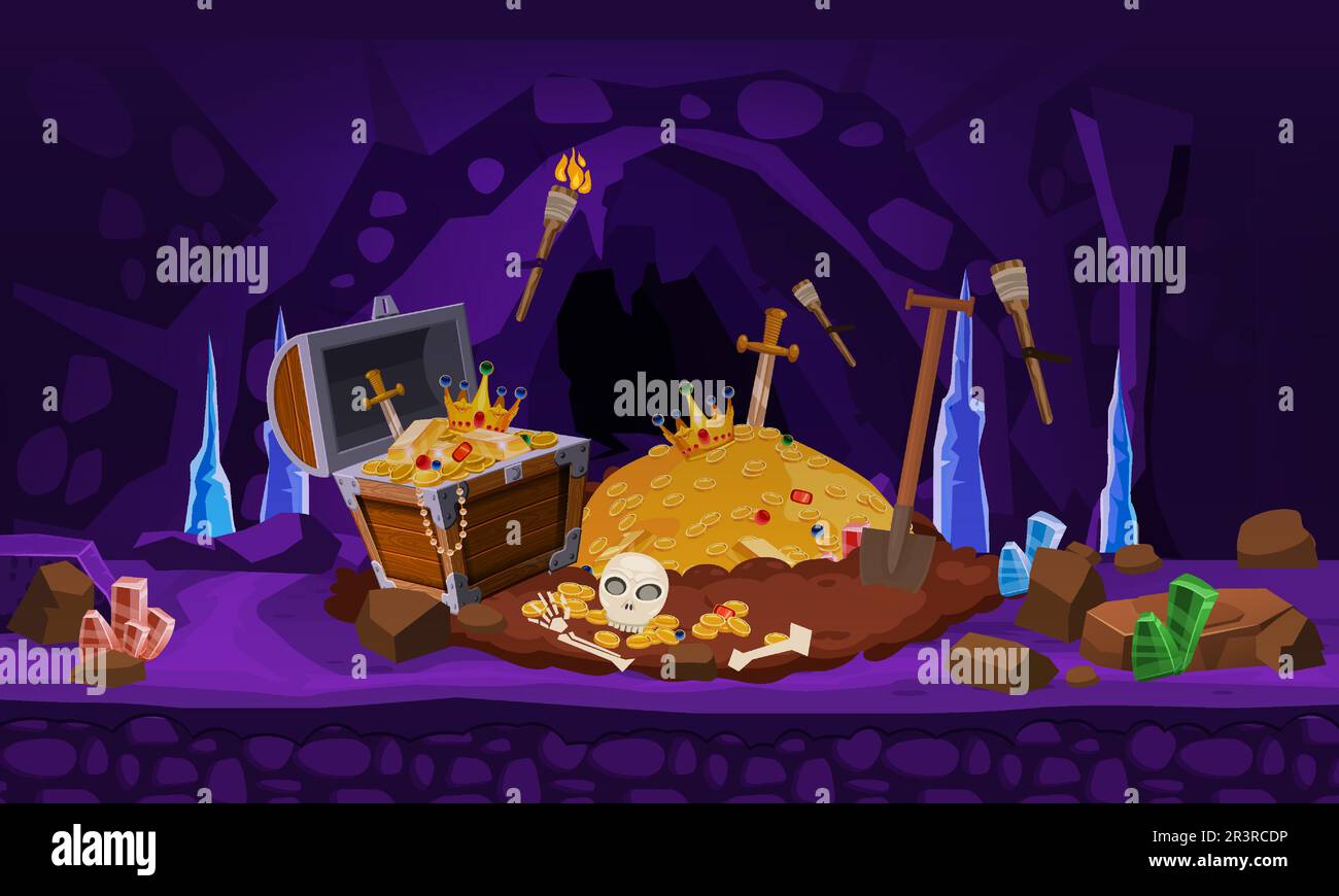 Fantasy Treasure cave with pile of gold coins, wooden chest, crystals ...