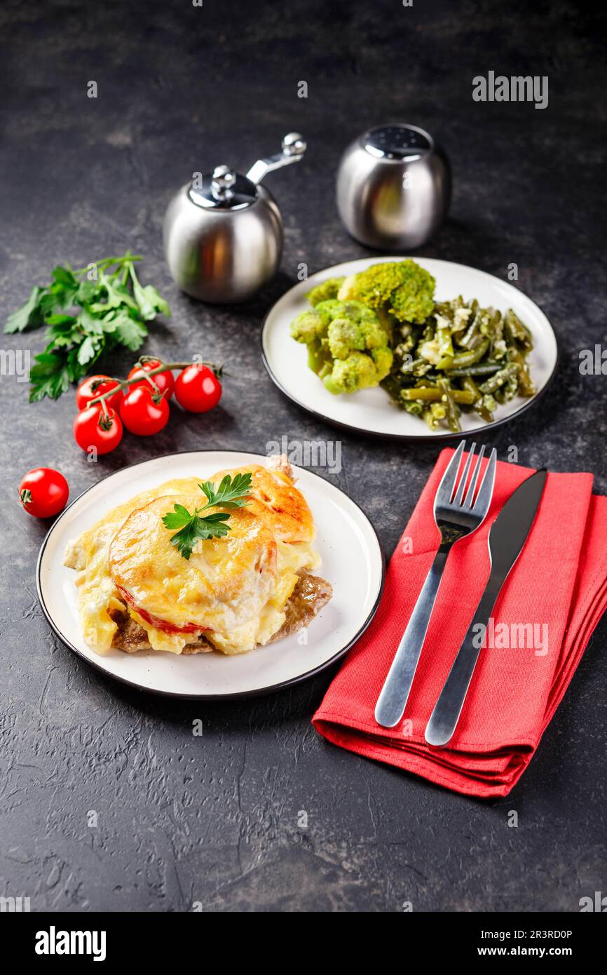 Dinner table with different dishes, set menu for nutritious healthy ...