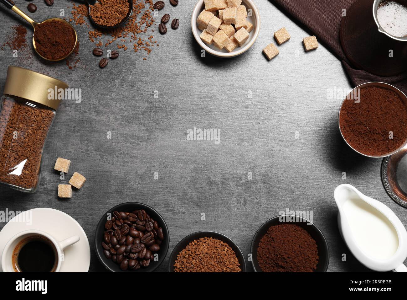 Flat lay composition with beans, instant and ground coffee on grey ...