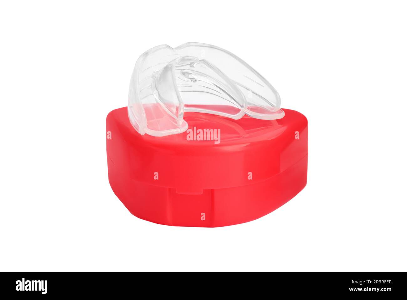 Transparent dental mouth guard and container on white background. Bite ...