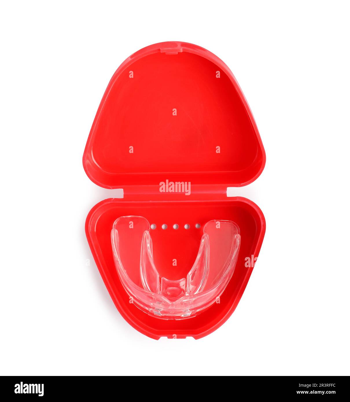 Transparent dental mouth guard in container isolated on white, top view ...