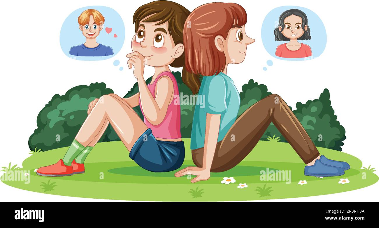 Two teen sitting on the ground day dreaming illustration Stock Vector ...