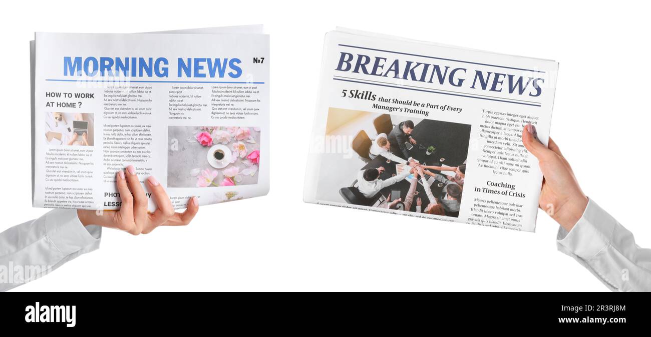 Hands holding newspapers on white background Stock Photo - Alamy