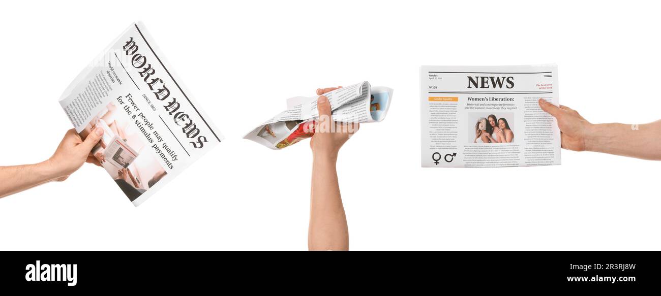 Set of man's hands holding newspapers on white background Stock Photo ...