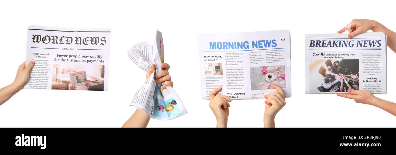 Set of hands holding newspapers on white background Stock Photo - Alamy