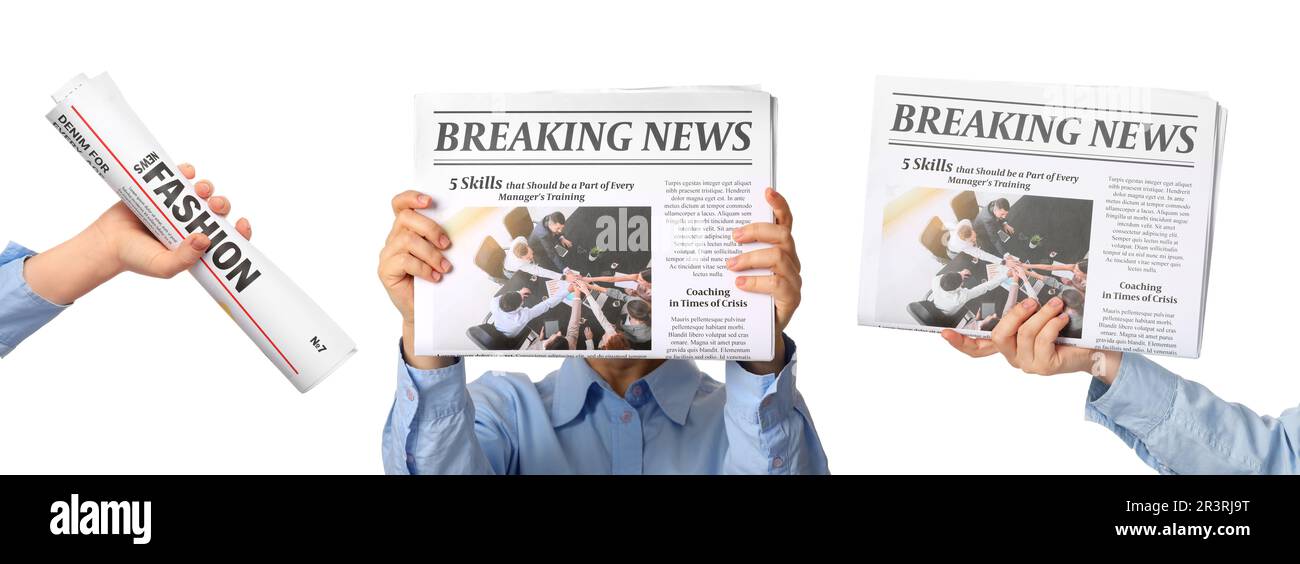 Set of people holding newspapers on white background Stock Photo - Alamy