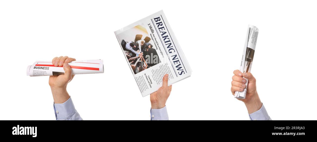 Set of male hands holding newspapers on white background Stock Photo ...