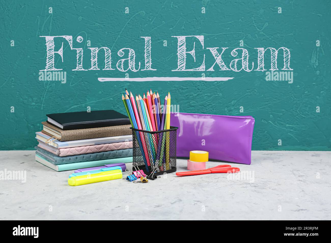 Set of school stationery and text FINAL EXAM on grunge background Stock ...