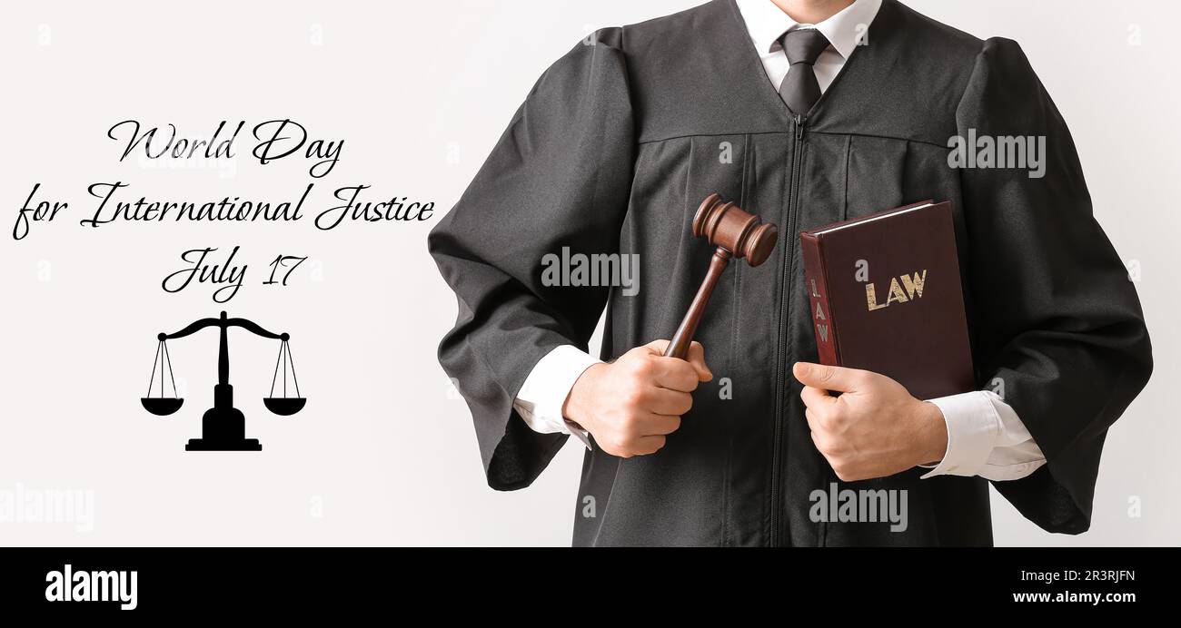 Banner for World Day for International Justice with male judge Stock ...