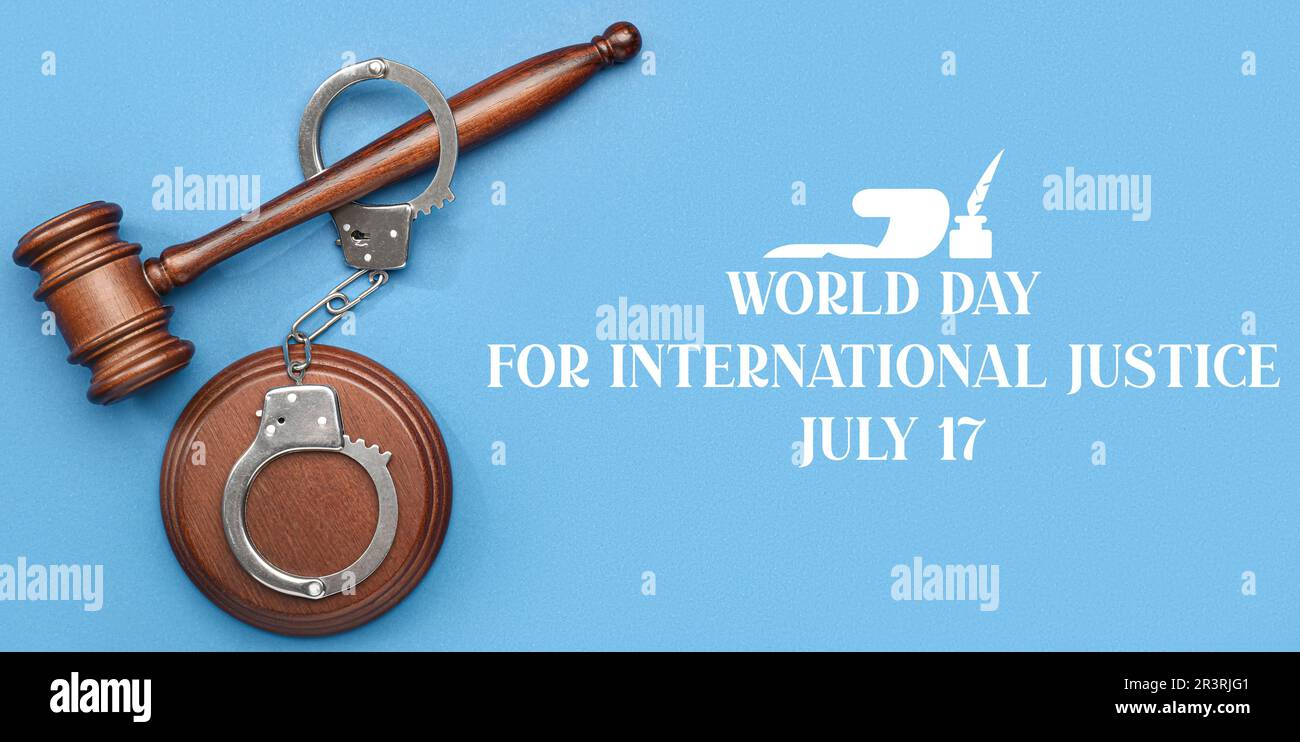 Banner for World Day for International Justice with handcuffs and judge ...