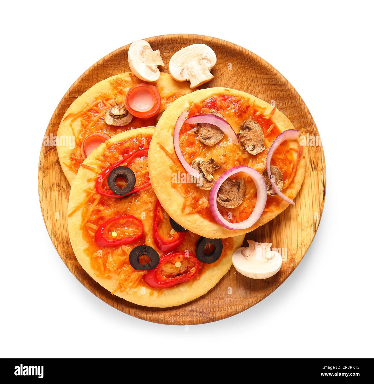 Plate with different tasty mini pizzas on white background Stock Photo ...