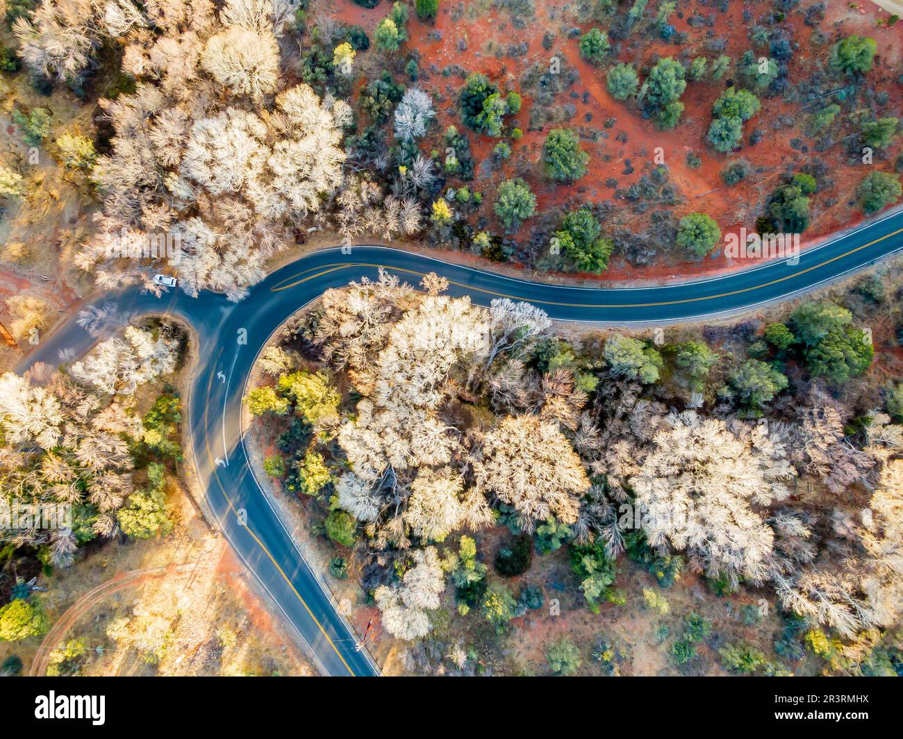 Drone Aerial View Of A Desert Landscape With A Curvy Road Running ...