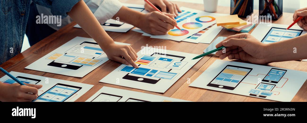 Panorama shot of front-end developer team brainstorming UI and UX ...