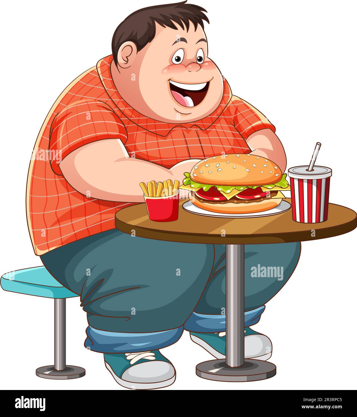 Overweight man eating fast food on the table isolated illustration ...