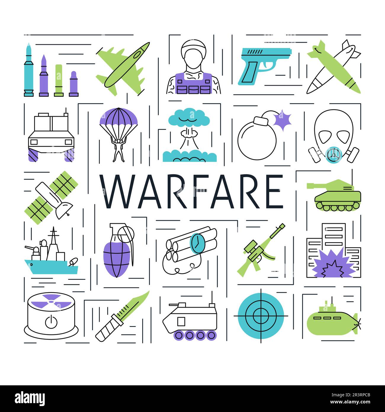 War concept poster in line style. Warfare, military symbols. Vector ...