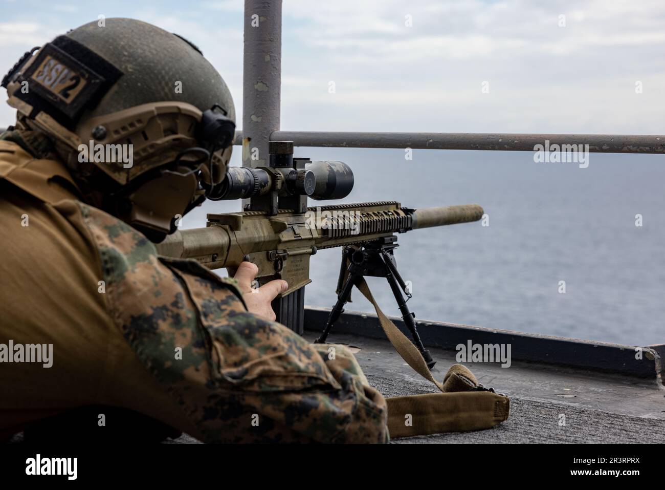 A U.S. Marine with the 26th Marine Expeditionary Unit, uses an M110 SASS Semi-Automatic Sniper ...