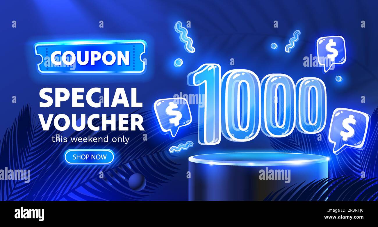 Coupon special voucher 1000 dollar, Neon banner special offer. Vector ...