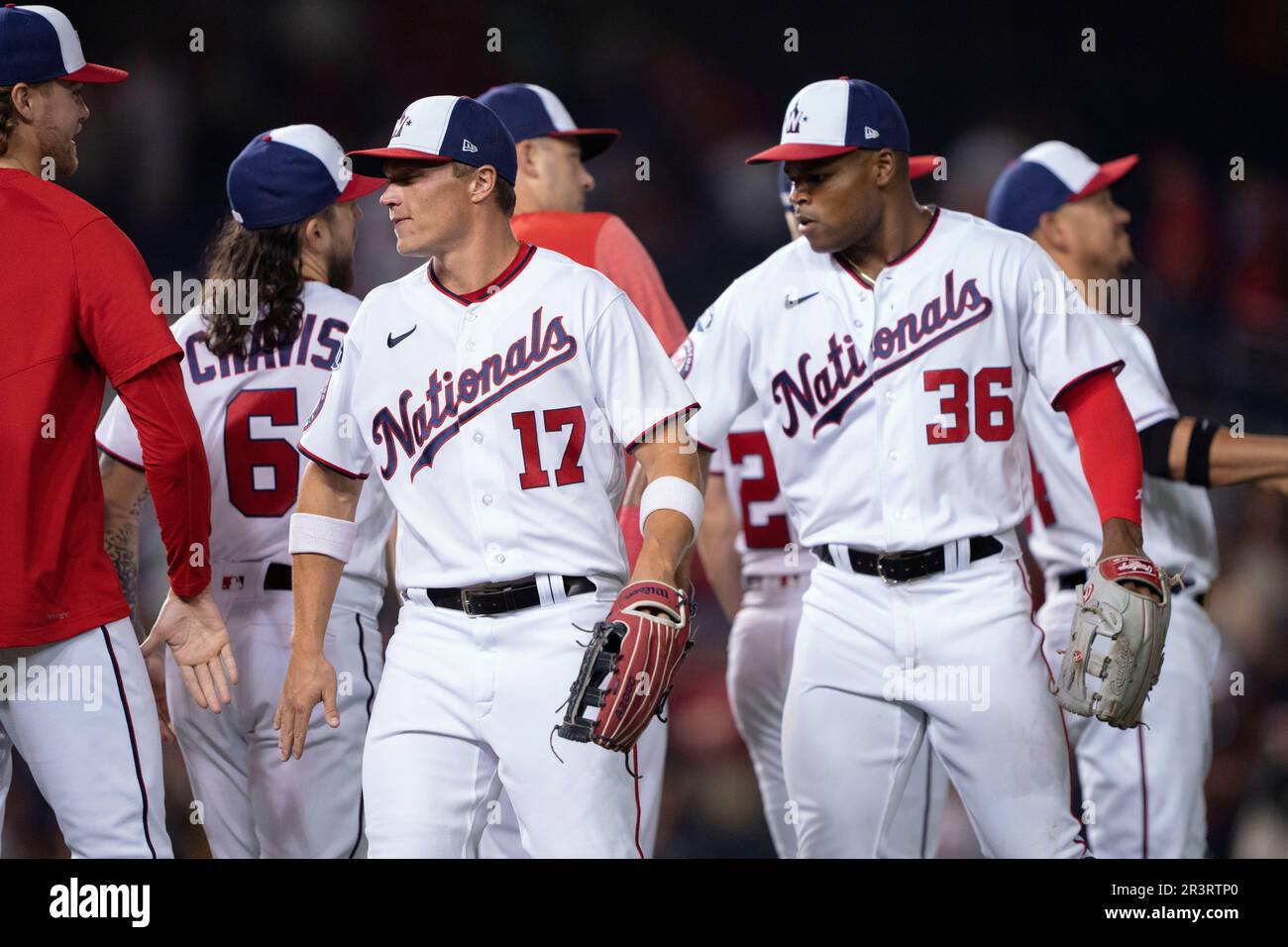 Washington Nationals center fielder Alex Call (17) and left fielder Stone Garrett (36) celebrate ...