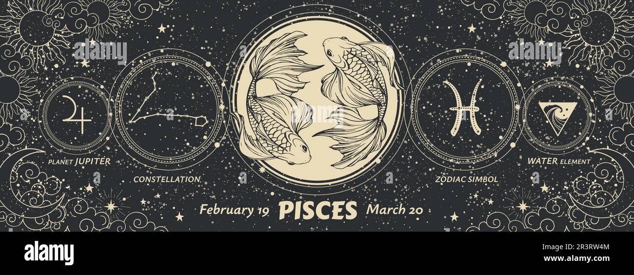 Pisces zodiac sign, graphic modern astrology banner on vintage black ...