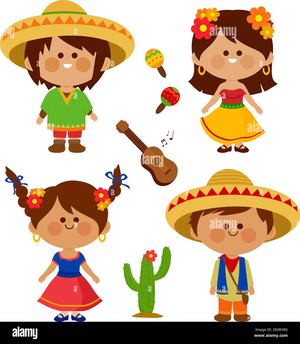 Group of Mexican children, boys and girls with sombreros. Vector ...