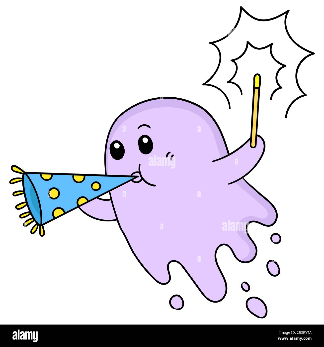 Cute ghost is celebrating the new year by lighting fireworks, doodle ...