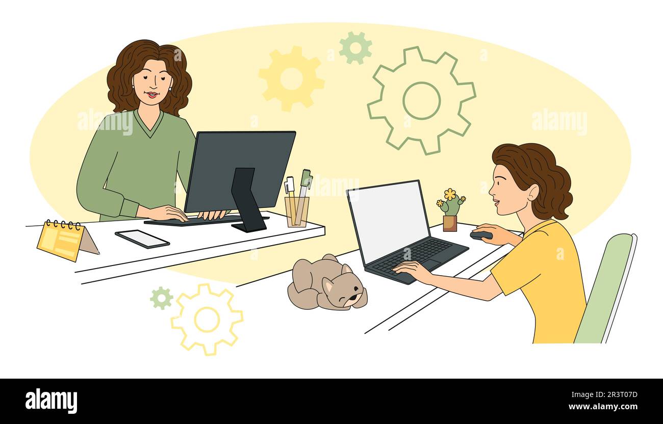 Business woman at hybrid job sitting at table between office and home ... Business woman at hybrid job sitting at table between office and home ...